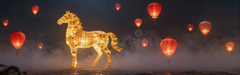 Illuminated Horse Lanterns Amidst Red Lanterns in a Misty Night Scene ...