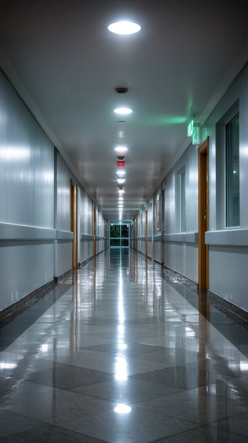 Illuminated Hospital Hallway Featuring a Polished Floor, Receding Doors ...