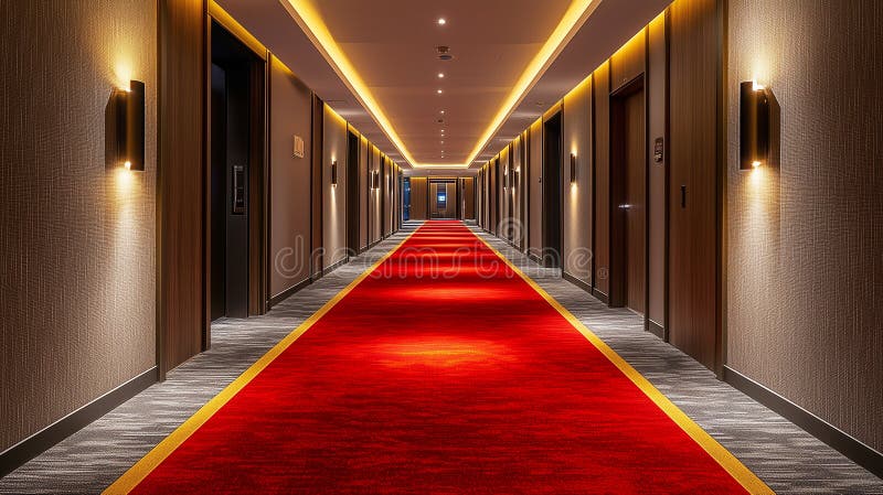 Illuminated Hotel Hallway with Red Carpet and Doors on Both Sides View ...