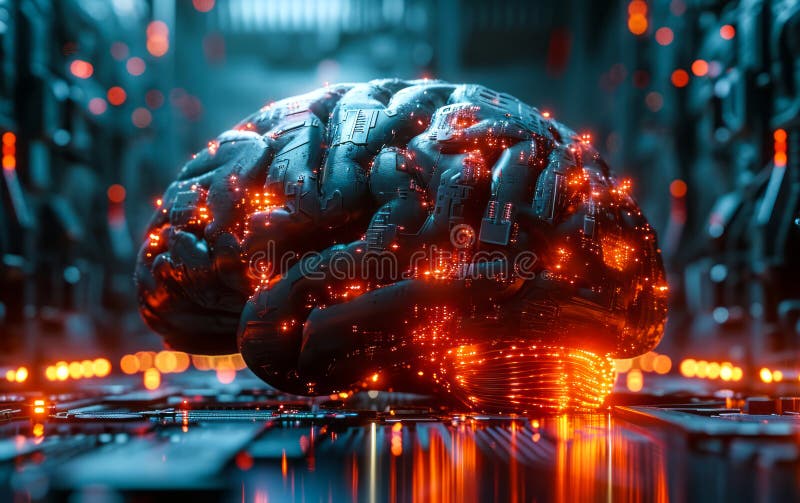 Illuminated Human Brain As Central Processing Unit on Futuristic Cybernetic Server Background ...