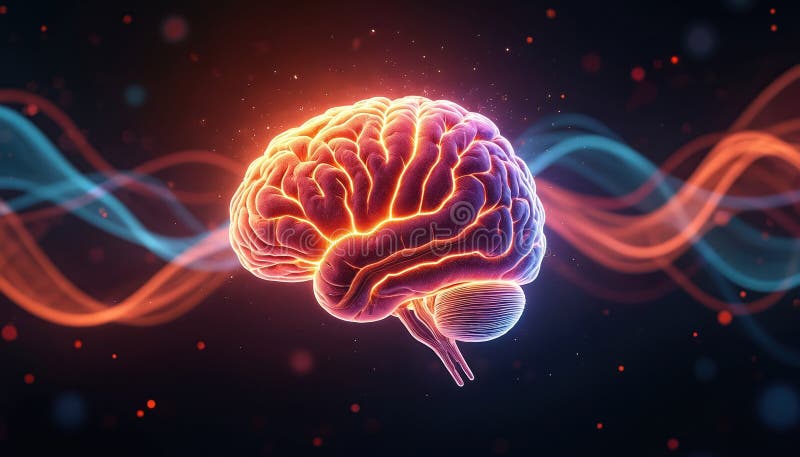 Illuminated Human Brain Illustration Vibrant Energy Waves in Spectrum Colors. Concepts of ...