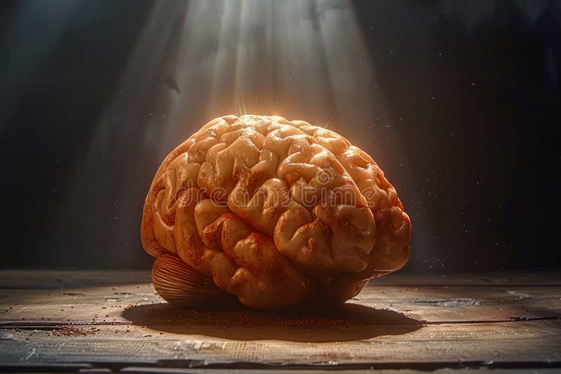 Illuminated Human Brain Model Display on Dark Background Representing ...