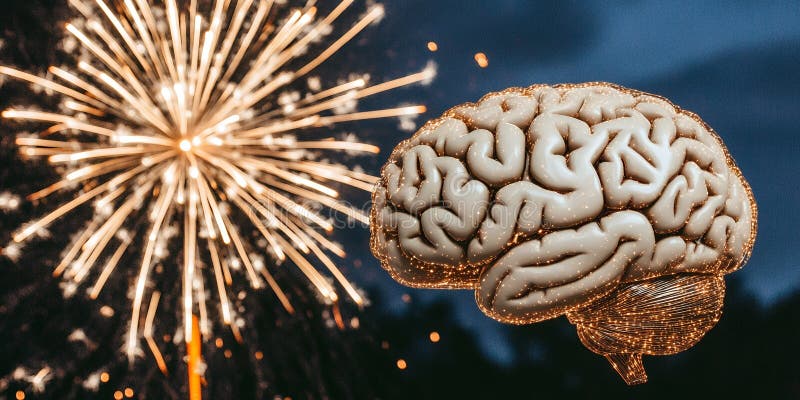 Illuminated Human Brain Model with Sparkling Fireworks Background ...