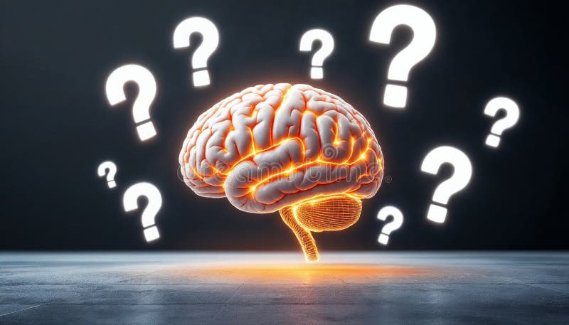 A Glowing Human Brain Surrounded by Question Marks, Symbolizing Thought ...