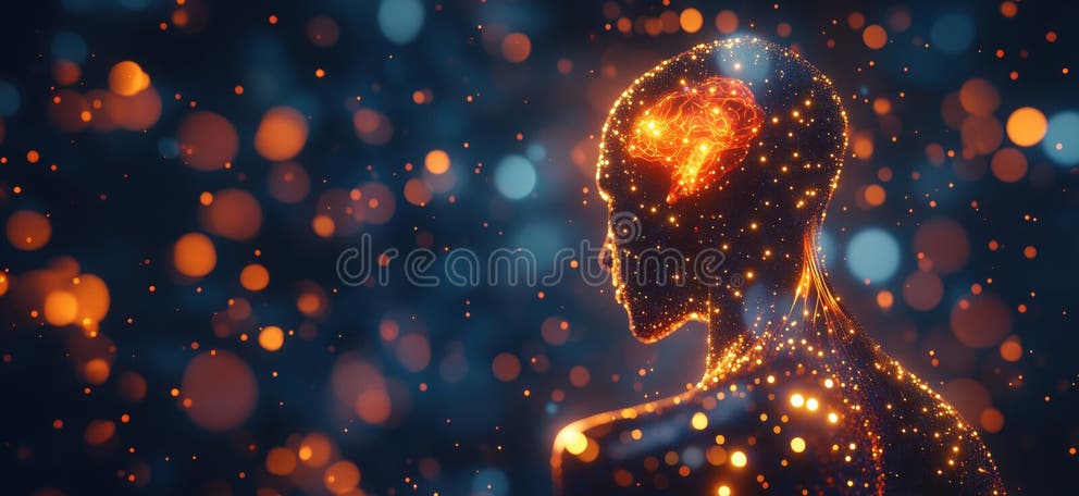 Illuminated Human Silhouette with Glowing Brain and Sparkling Particles ...