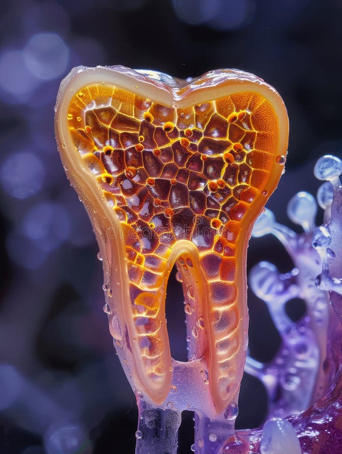 Illuminated Human Tooth with Intricate Orange Network Patterns and Translucent Structure Stock ...