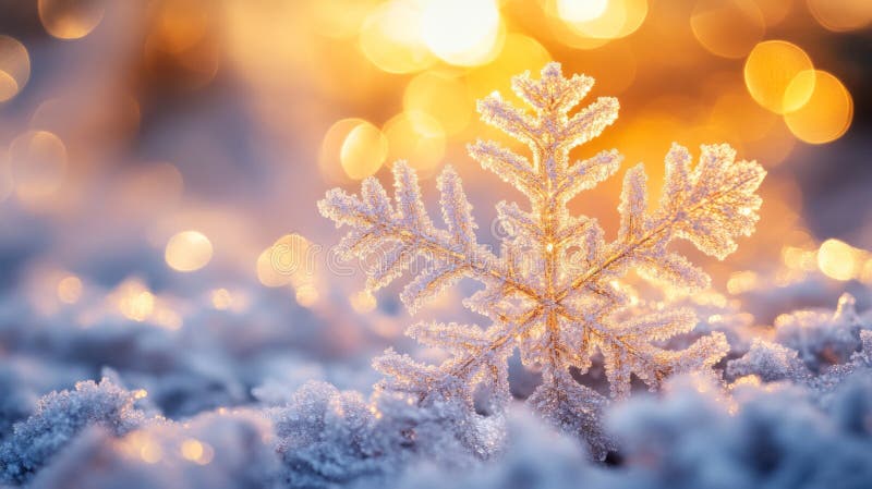 Illuminated Ice Crystal Snowflake in Winter Snow at Sunset Stock ...