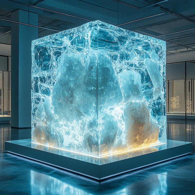 Illuminated Ice Cube Display in Modern Art Gallery with Reflections on Polished Floor and ...