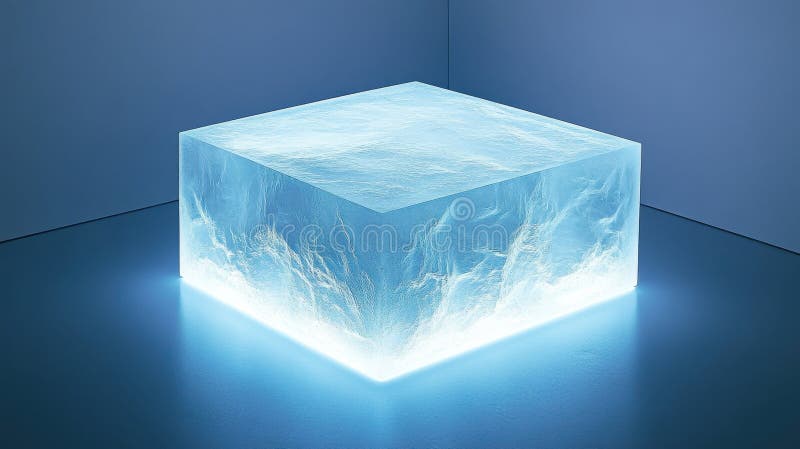 Illuminated Ice Cube in Minimalist Blue Room Conveying Coolness Concept ...