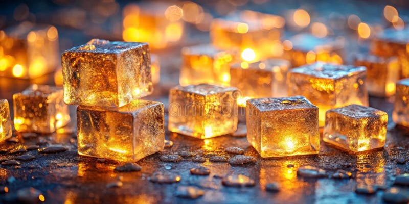 Illuminated Ice Cubes Glimmering on a Dark Surface with Warm Light ...