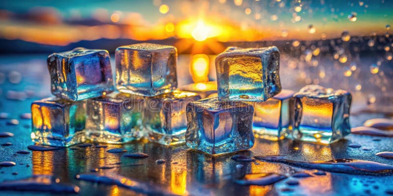 Illuminated Ice Cubes at Sunset on Wet Surface. Generative AI Stock ...