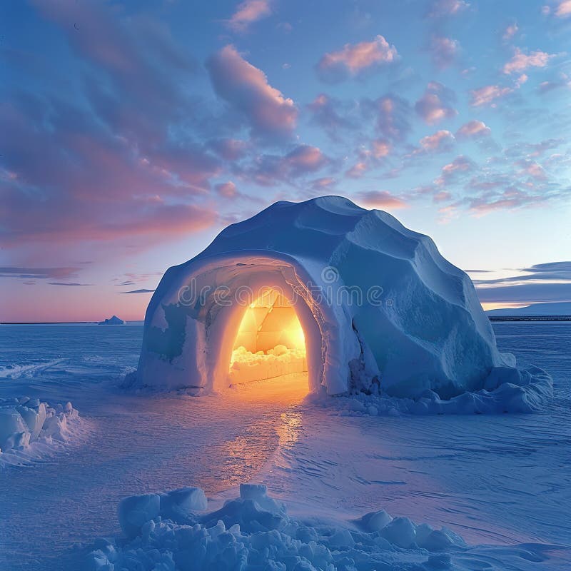 Illuminated Ice Igloo at Sunset on Frozen Lake Stock Photo - Image of ...