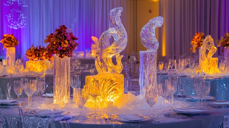 Illuminated Ice Sculptures Centerpiece at Elegant Event Stock ...