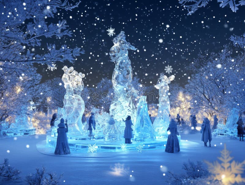 Illuminated Ice Sculptures in a Snowy Winter Wonderland Stock ...