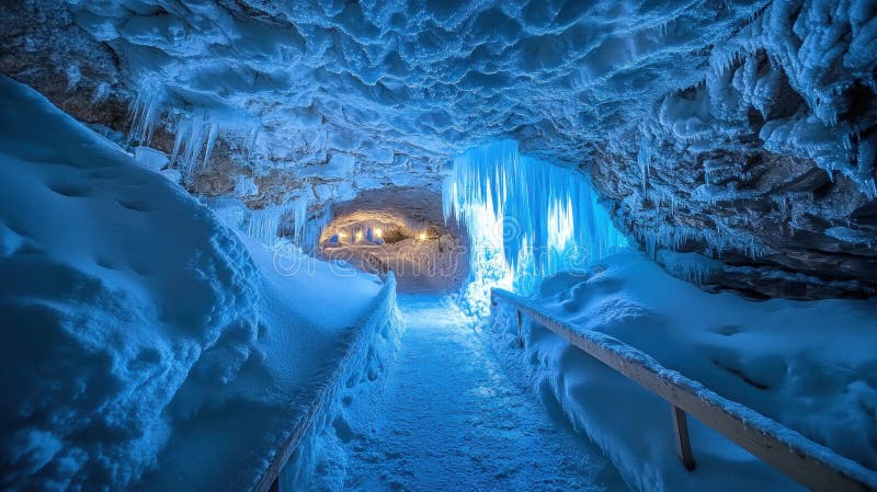 Illuminated Icy Cave Pathway with Icicles and Snow Stock Illustration ...