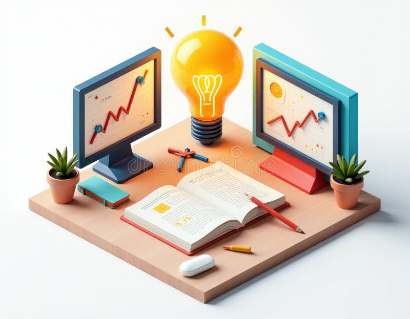 Illuminated Idea Desk Setup with Computers, Book, and Lightbulb Stock ...