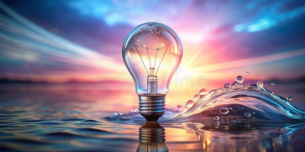 Illuminated Idea Emerging from Ocean Waves at Sunset. Generative AI ...