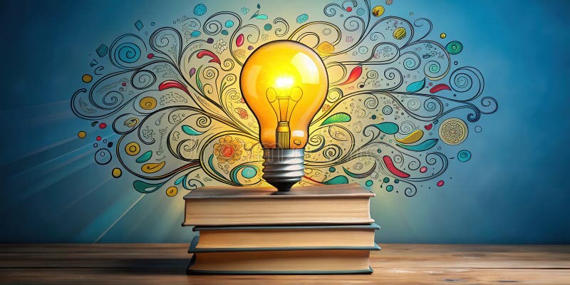 Illuminated Ideas a Glowing Bulb Resting upon a Stack of Books, Surrounded by Whimsical Drawings ...
