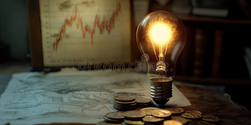 Illuminated Ideas Glowing Lightbulb on Coins with Financial Chart ...
