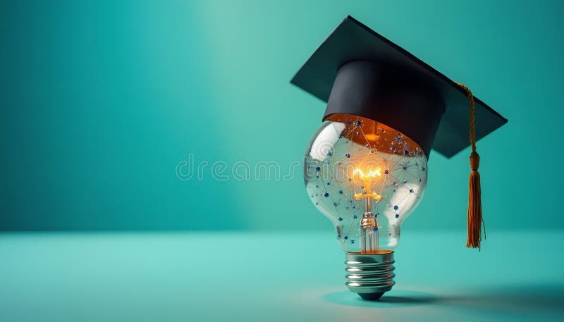 Illuminated Ideas: Graduation Cap on Glowing Lightbulb, Teal Background ...