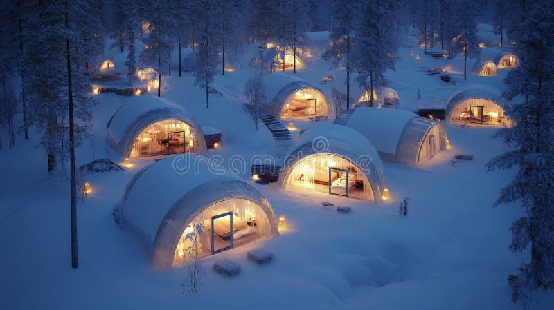 Illuminated Igloo Village in a Snowy Forest at Night Stock Illustration ...