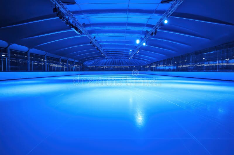 Illuminated Indoor Ice Rink with Modern Blue Lighting and Empty Smooth ...