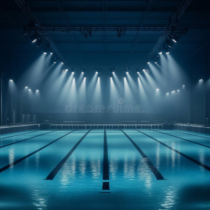 Illuminated Indoor Swimming Pool with Rows of Overhead Lights and Calm ...