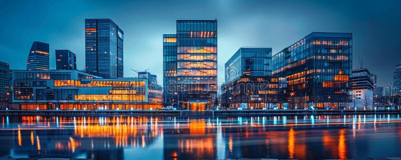 Illuminated Industrial Complex: Modern Buildings Glowing in Night Sky ...