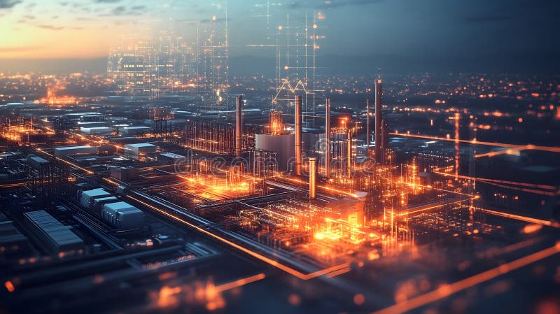 Illuminated Industrial Complex at Night Aerial View Stock Illustration ...