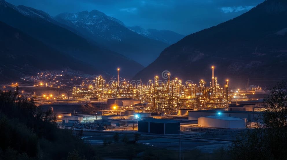 Illuminated Industrial Complex at Night with a Striking Mountain ...