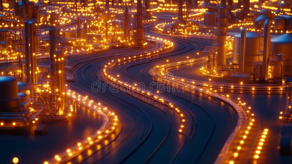 Illuminated Industrial Complex at Night Viewed from the Air with a ...