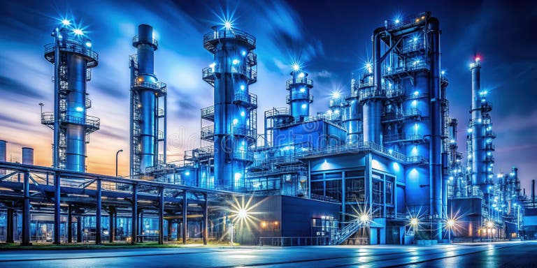 Illuminated Industrial Complex at Twilight a Stunning Nighttime View of Modern Refinery ...