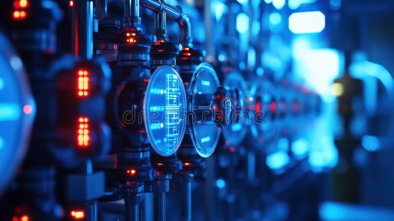 Illuminated Industrial Control Panel in Blue Light Stock Photo - Image ...
