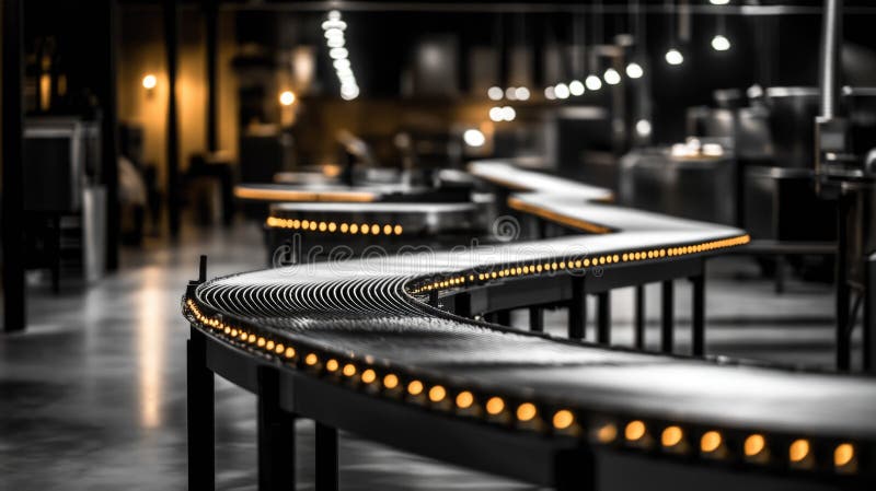 Illuminated Industrial Conveyor Belt in Modern Factory Setting Stock ...