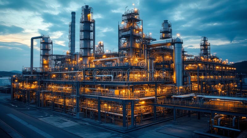 Illuminated Industrial Refinery Complex at Dusk with Intricate Network ...