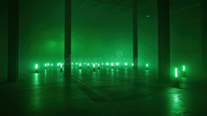 Illuminated Industrial Space with Neon Green Lights and Pillars Concept ...