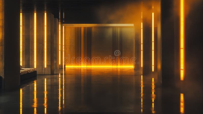 Illuminated Industrial Space with Rows of Vertical Lights Creating Warm ...