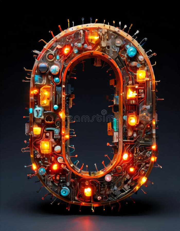 Illuminated Industrial Zero with Circuit Elements and Neon Lights Stock ...