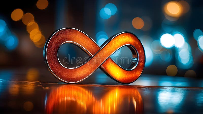 Illuminated Infinity Sign with Bokeh Effect on Shiny Table, Night ...