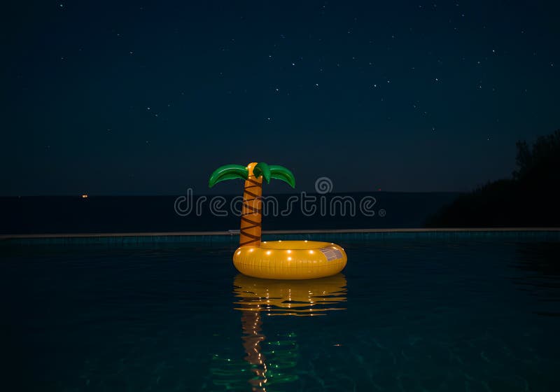 Illuminated Inflatable Palm Tree Pool Float at Night Stock Illustration ...