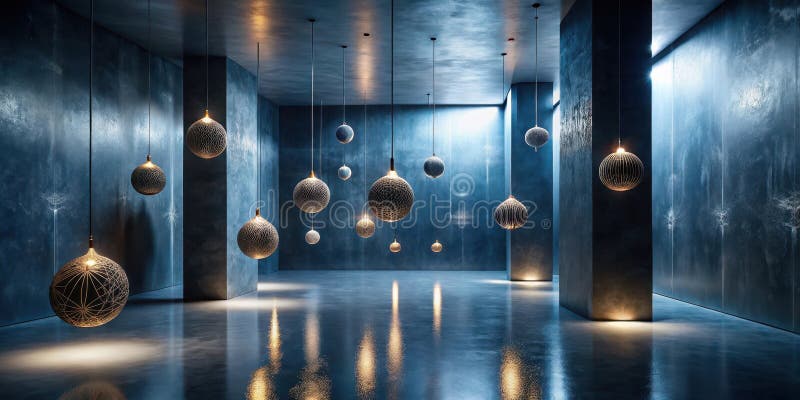 Illuminated Interior Design Featuring Multiple Geometric Pendant Lights ...