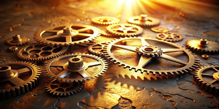 Illuminated Interlocking Gears a Close-up of Golden Cogs and Wheels ...