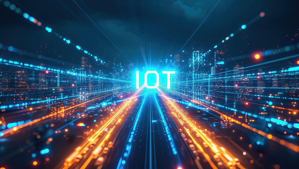 Illuminated IoT Text in Futuristic Corridor with Glowing Lights Stock ...