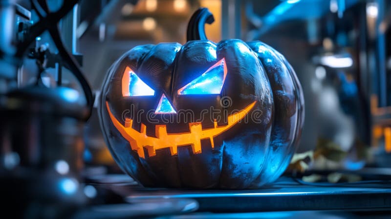 Illuminated Jack-o -Lantern with Blue Glowing Eyes Stock Illustration ...