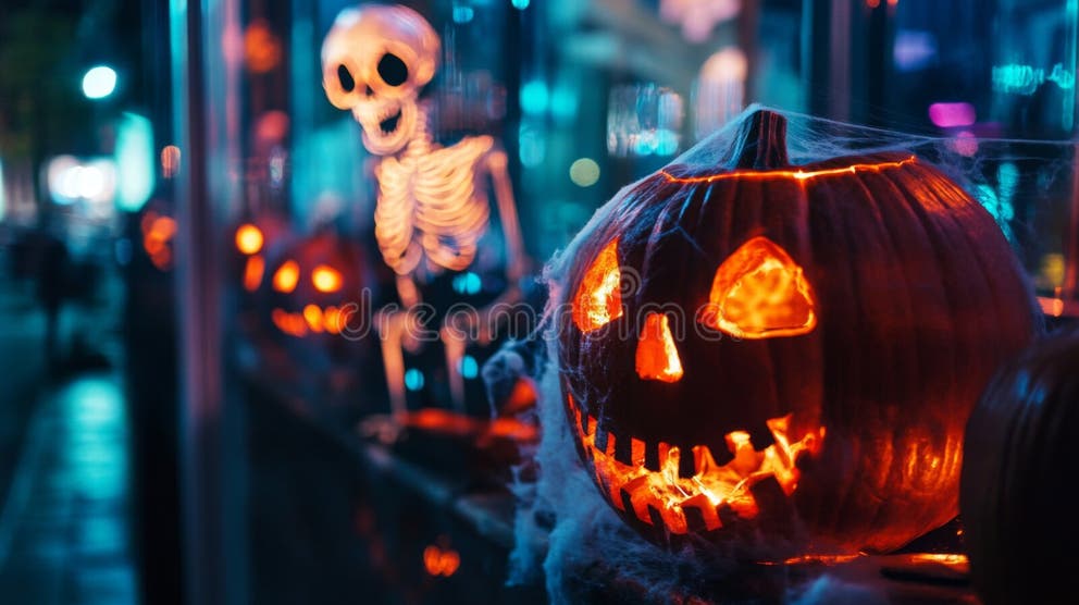 Illuminated Jack-o -Lantern with a Blurred Skeleton in the Background ...