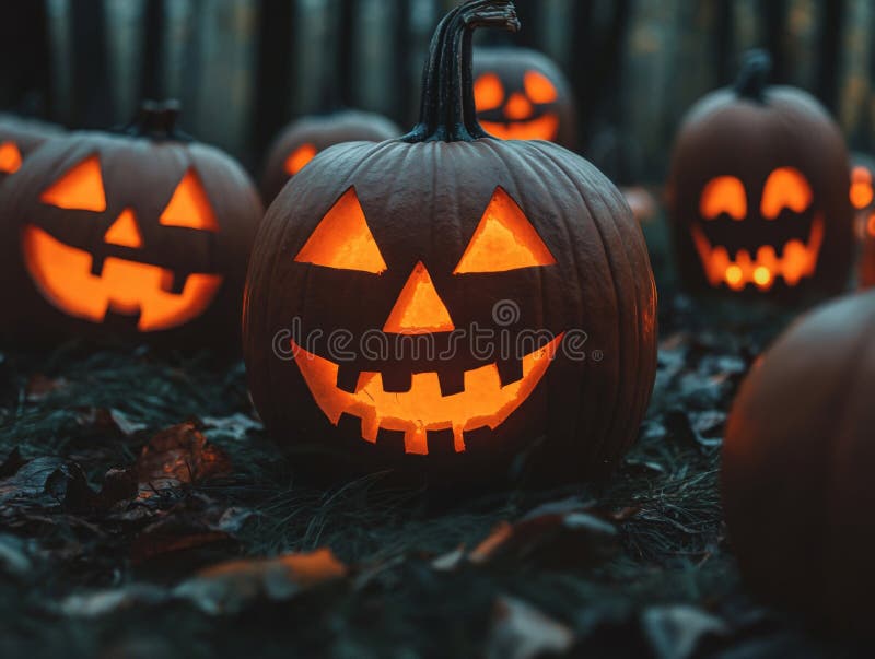 Illuminated Jack-O -Lantern with Glowing Face in Dark Forest Stock ...