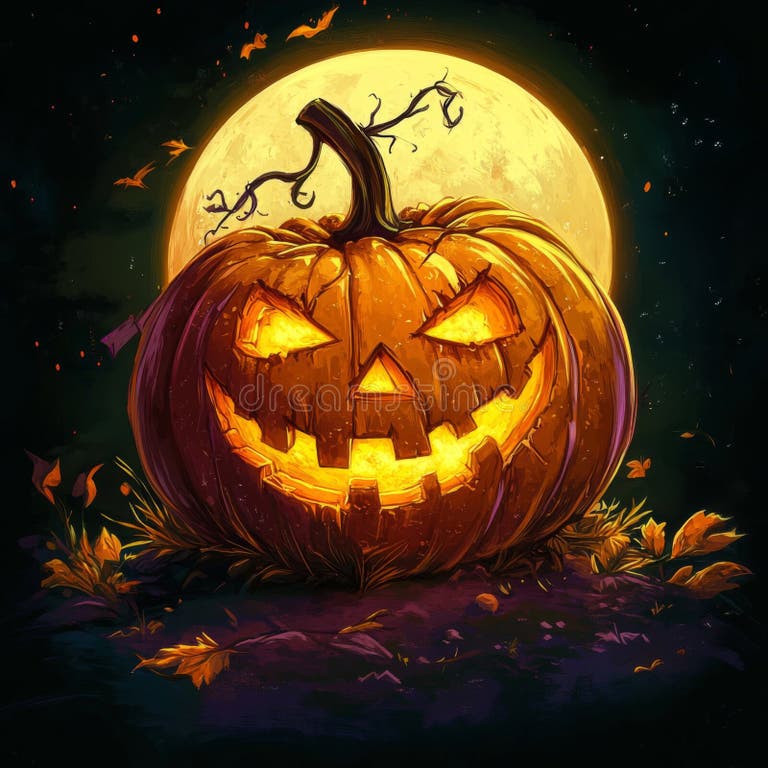 Illuminated Jack-o -Lantern with a Grin Under a Full Moon Stock ...