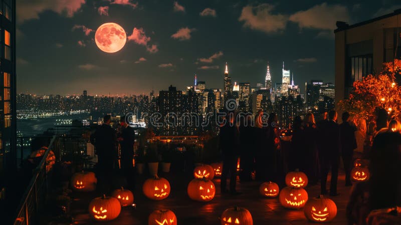 Illuminated Jack-o -Lanterns on a Rooftop Overlooking a Cityscape with ...