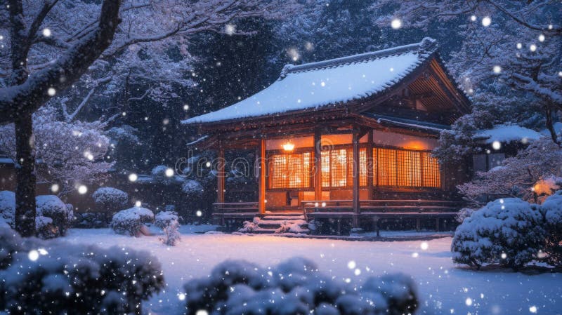 Illuminated Japanese House Under Falling Snow Stock Illustration ...