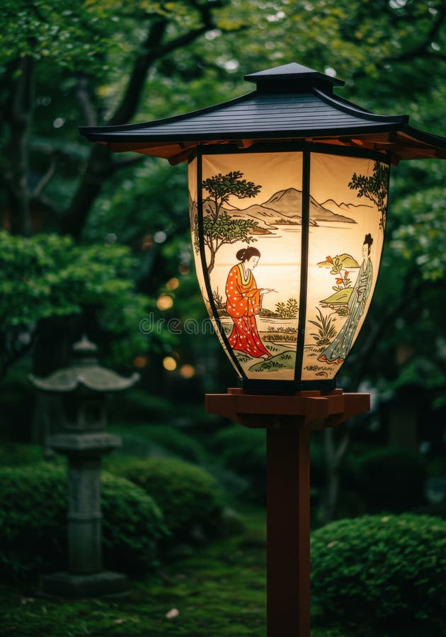 Illuminated Japanese Lantern in a Garden at Night Stock Image - Image ...
